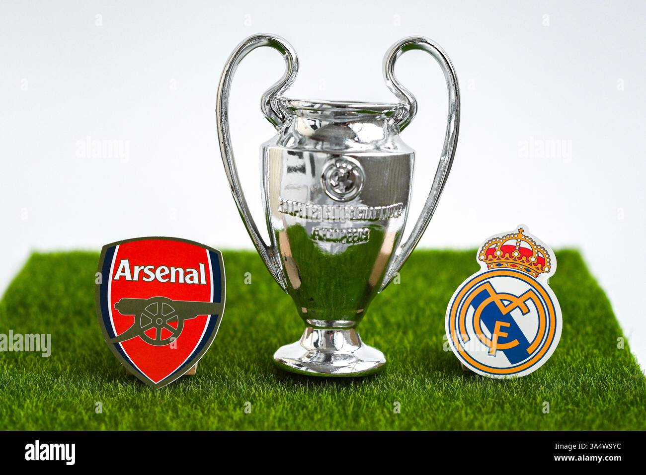 March 14, 2025, Munich, Germany. The emblems of the clubs participating ...