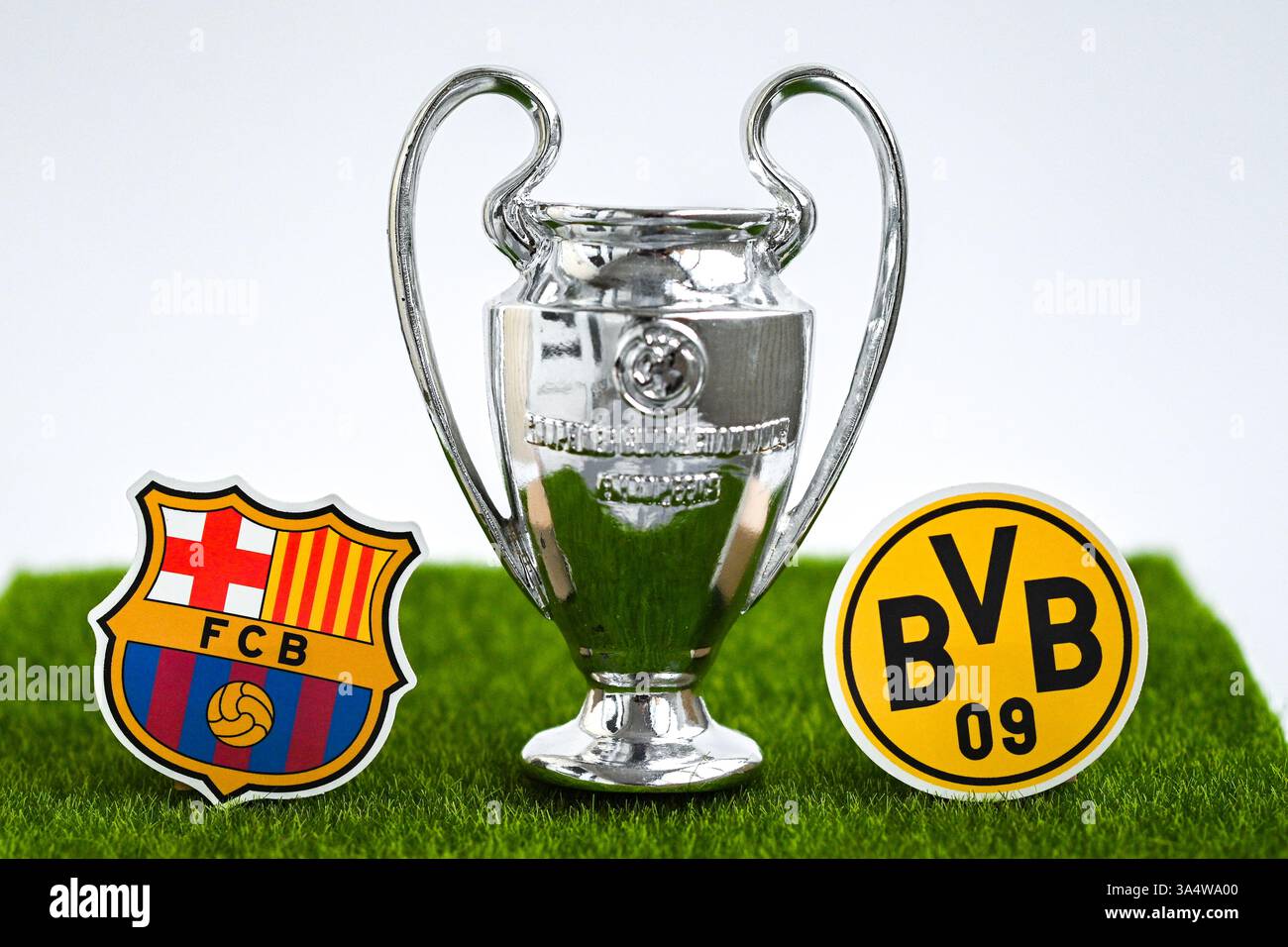 March 14, 2025, Munich, Germany. The emblems of the clubs participating ...