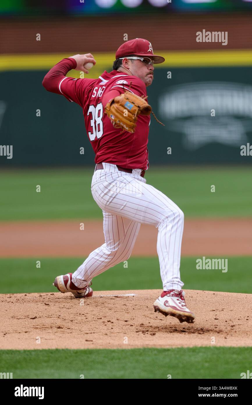 March 19, 2025: Hogs pitcher Colin Fisher (38) prepares to deliver a ...