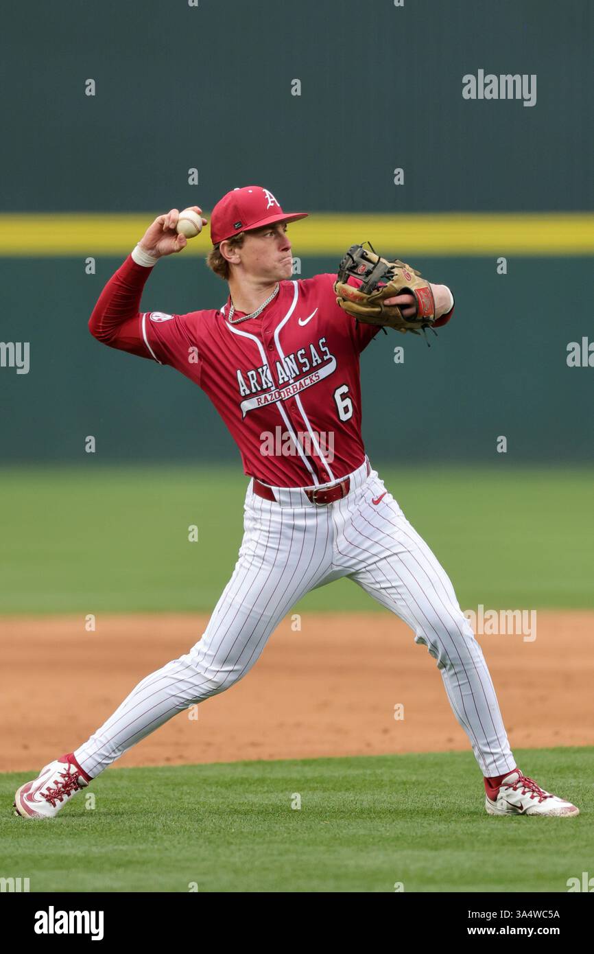 March 19, 2025: Razorback infielder Gabe Fraser (6) prepares to make a ...