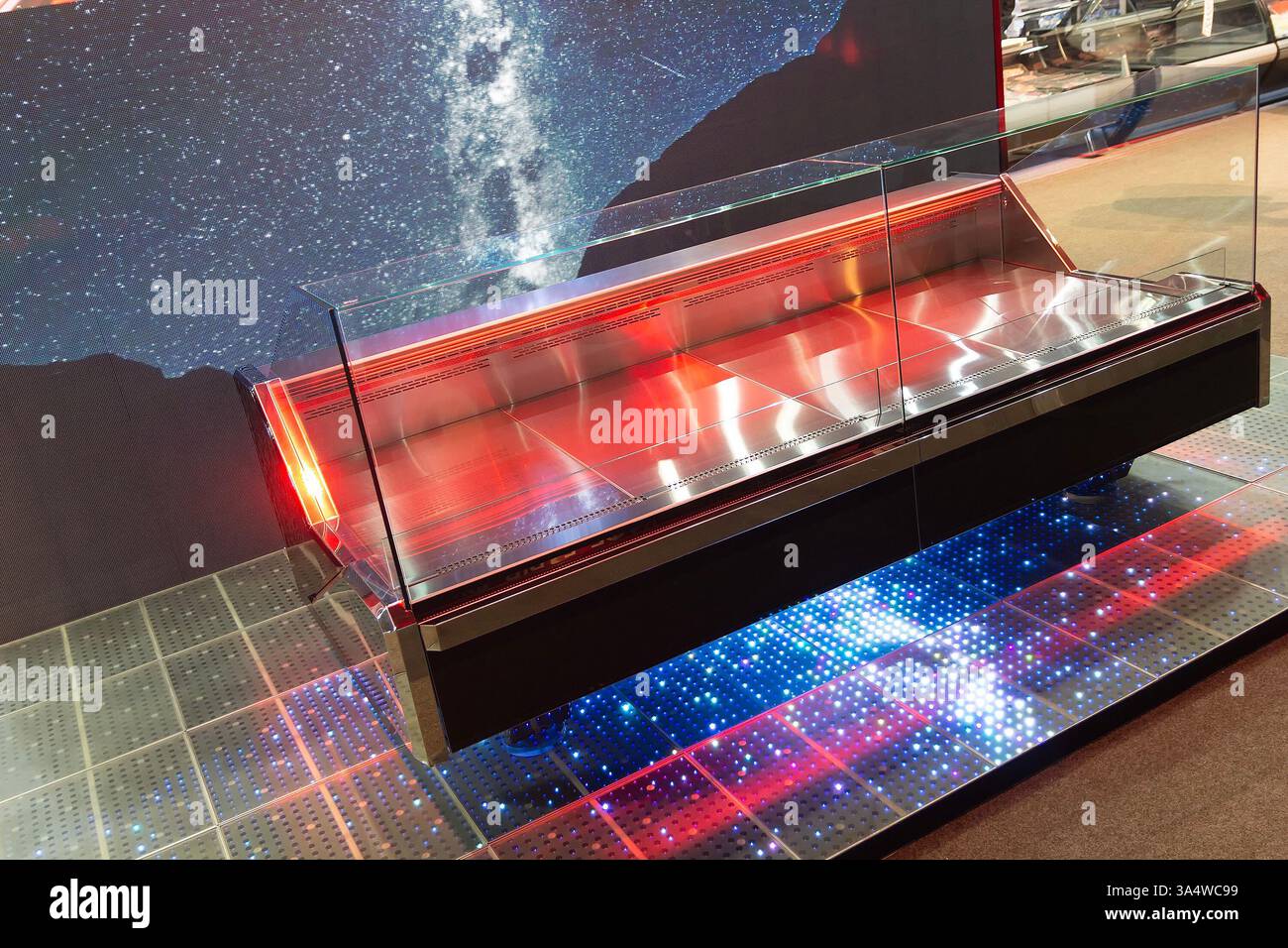 Refrigerated counter. Empty counters. Retail store equipment. Industry ...