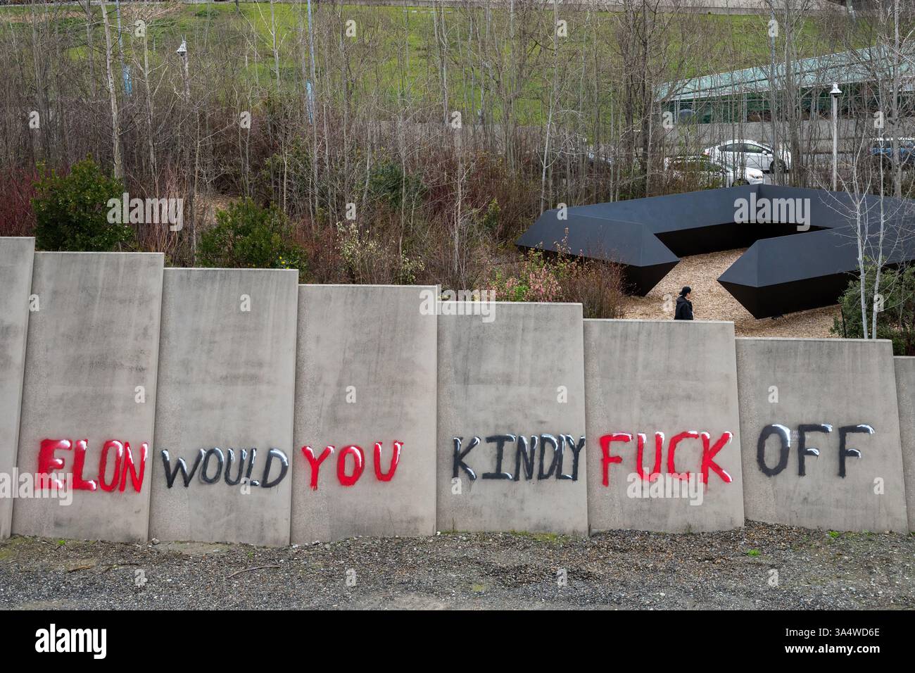 Seattle, USA. 19th Mar 2025. Anti Elon Musk graffiti on the Seattle ...
