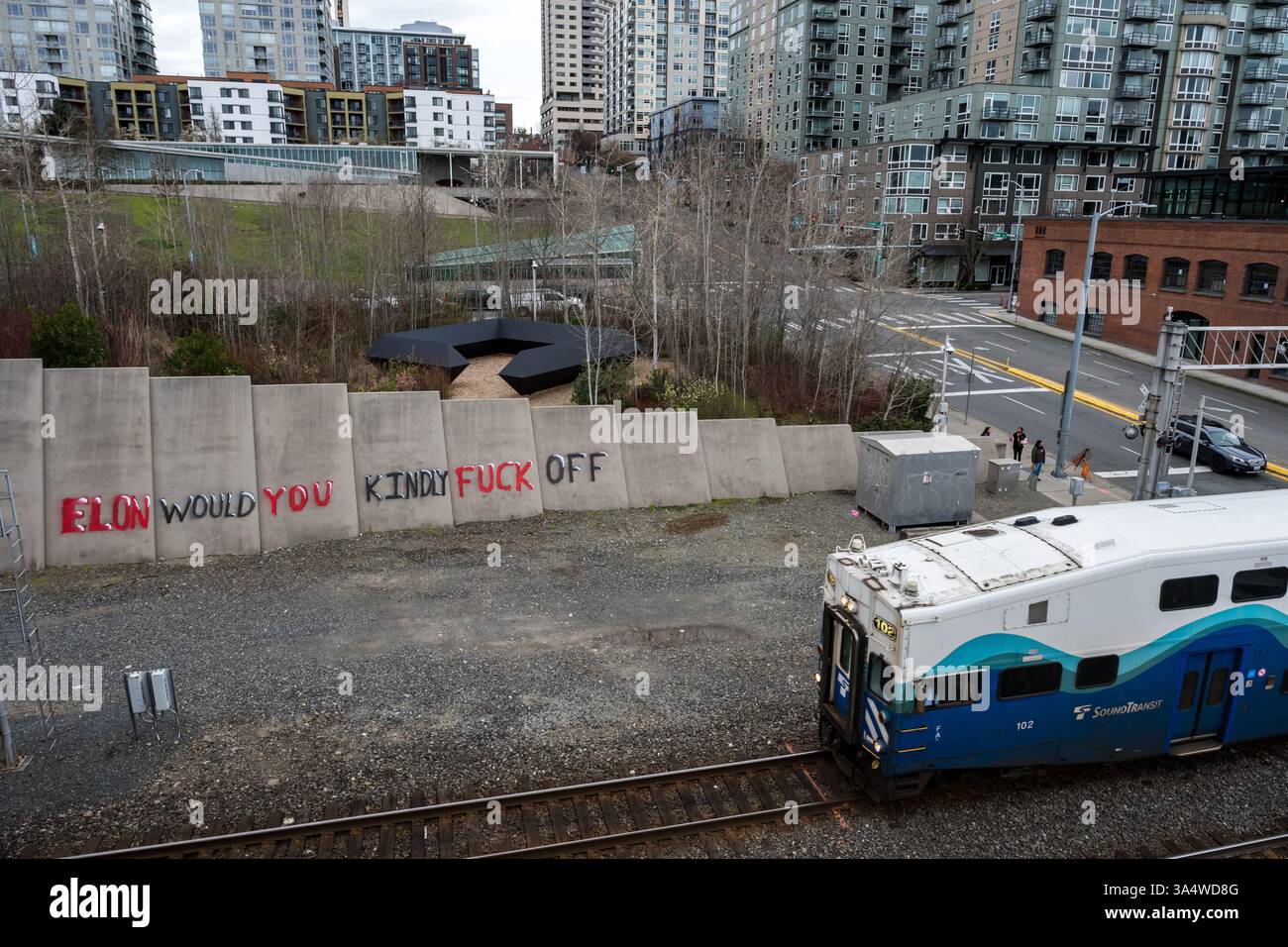 Seattle, USA. 19th Mar 2025. Anti Elon Musk graffiti on the Seattle ...