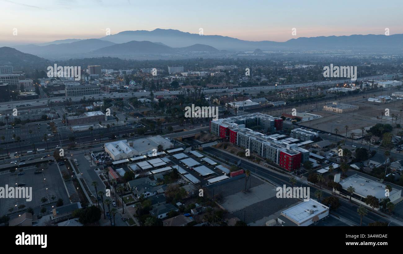 Twilight view of the downtown skyline, interstate 91 Freeway, and urban ...