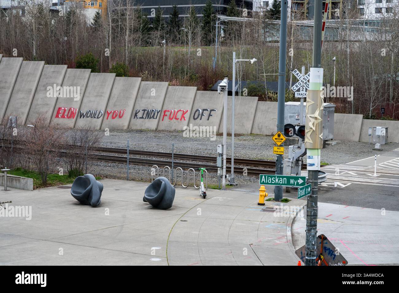 Seattle, USA. 19th Mar 2025. Anti Elon Musk graffiti on the Seattle ...