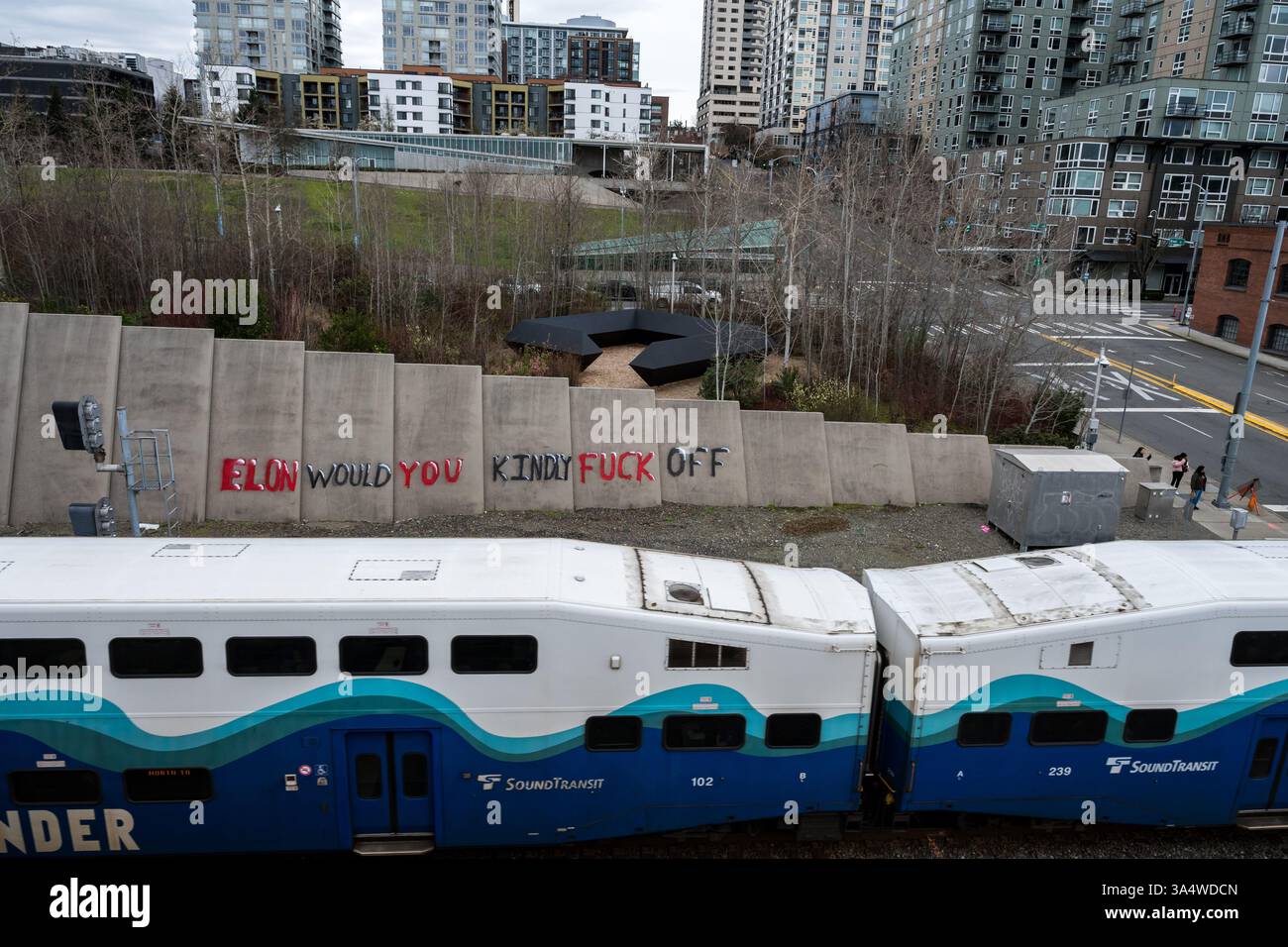 Seattle, USA. 19th Mar 2025. Anti Elon Musk graffiti on the Seattle ...