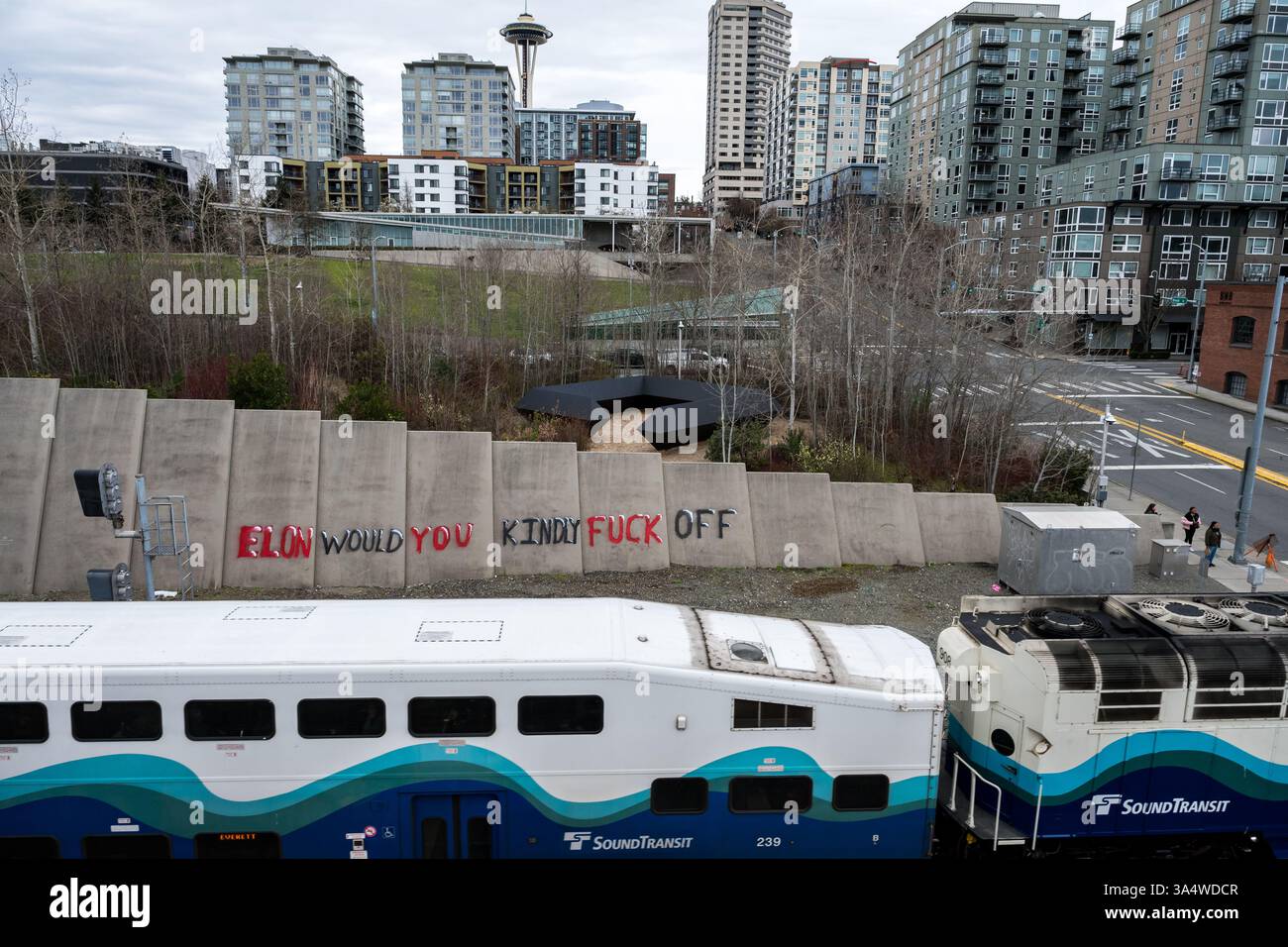 Seattle, USA. 19th Mar 2025. Anti Elon Musk graffiti on the Seattle ...