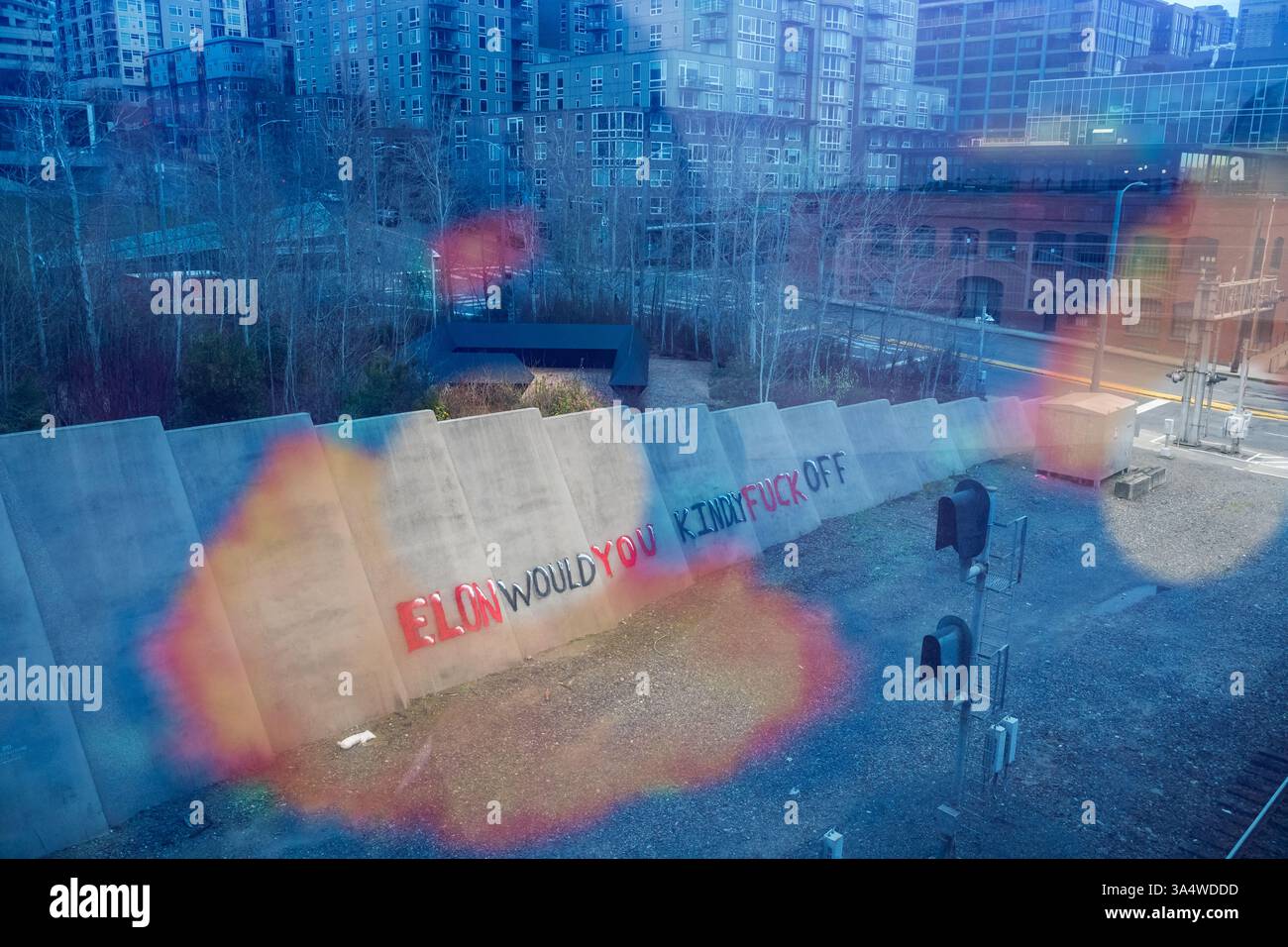 Seattle, USA. 19th Mar 2025. Anti Elon Musk graffiti on the Seattle ...