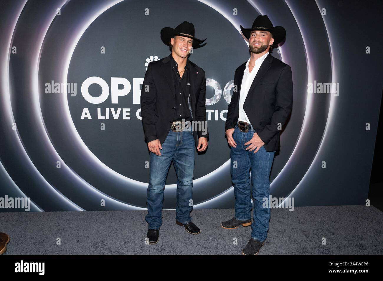 Mark Estes, left, and Kaleb Campbell Winterburn arrive at "Opry 100: A ...