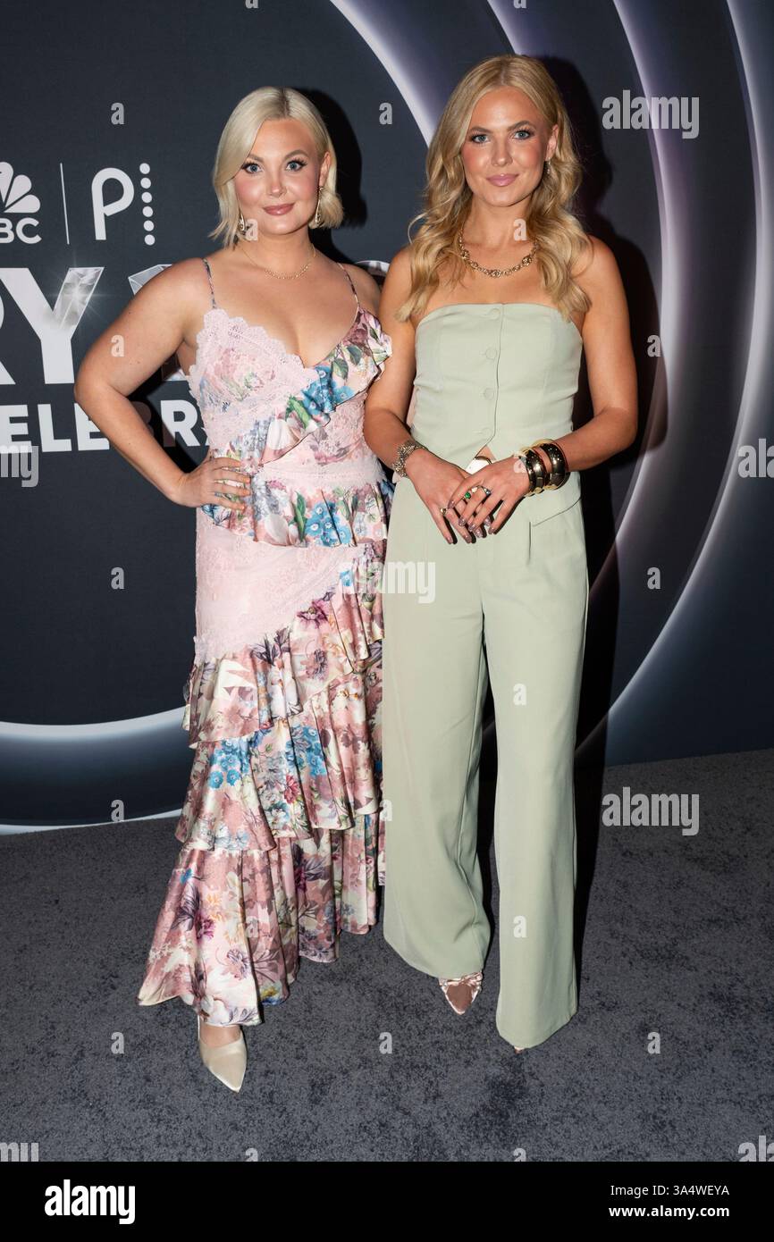 Kendra Slaubaugh, left, and Krista Slaubaugh of Tigirlily Gold arrive at "Opry 100: A Live ...