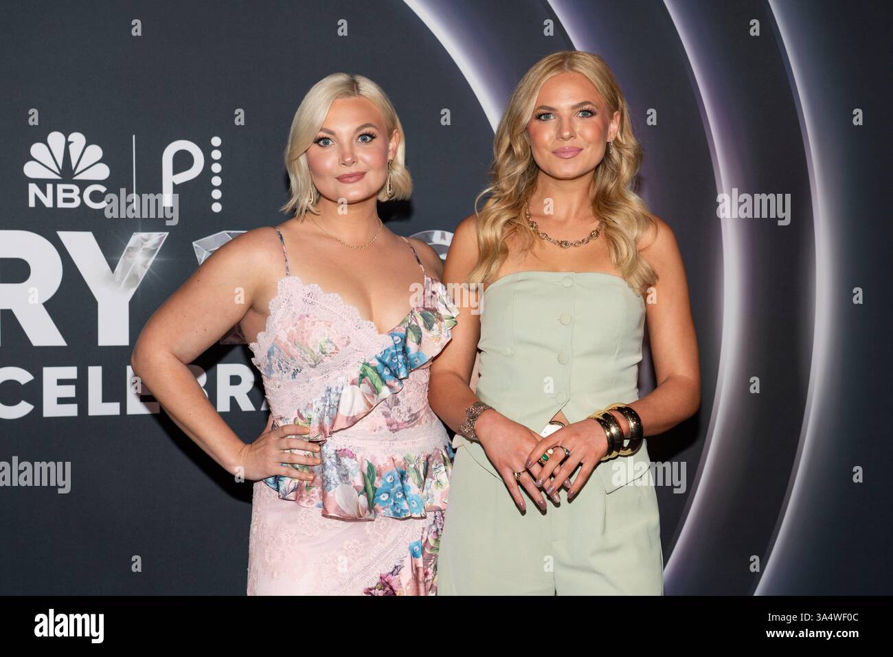 Kendra Slaubaugh, left, and Krista Slaubaugh of Tigirlily Gold arrive at "Opry 100: A Live ...