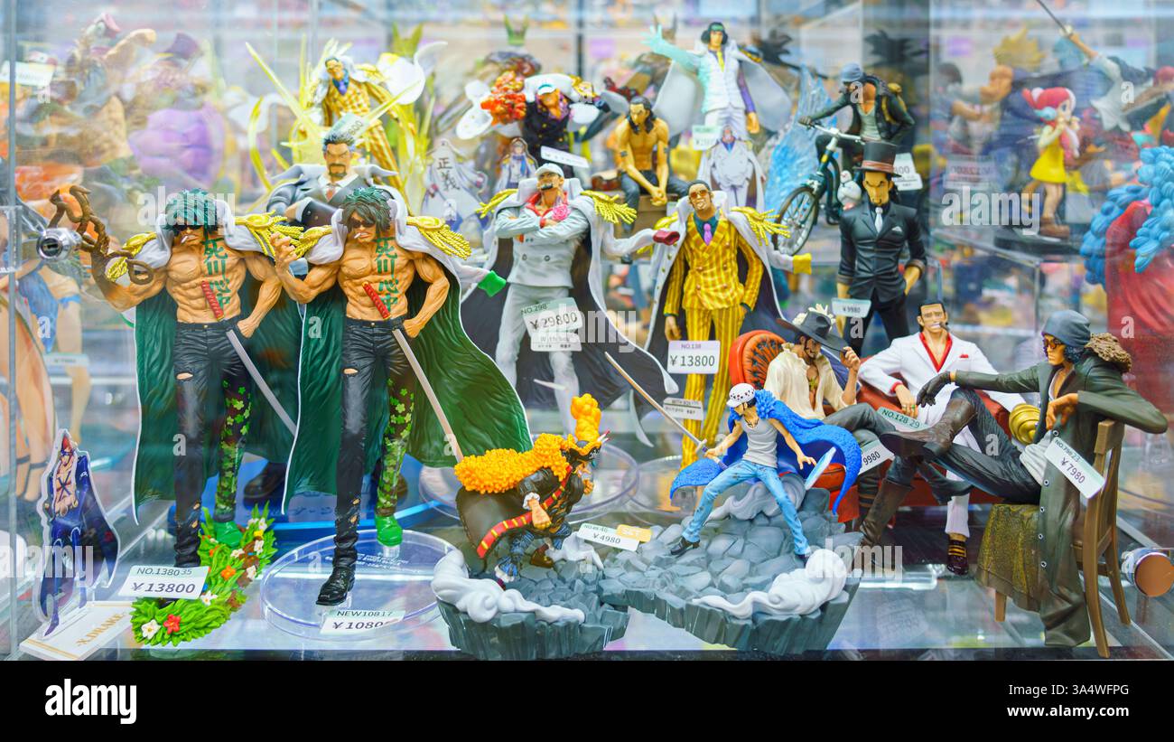 Osaka, Japan - Sep 21 2024, close up view of the anime showcase behind ...