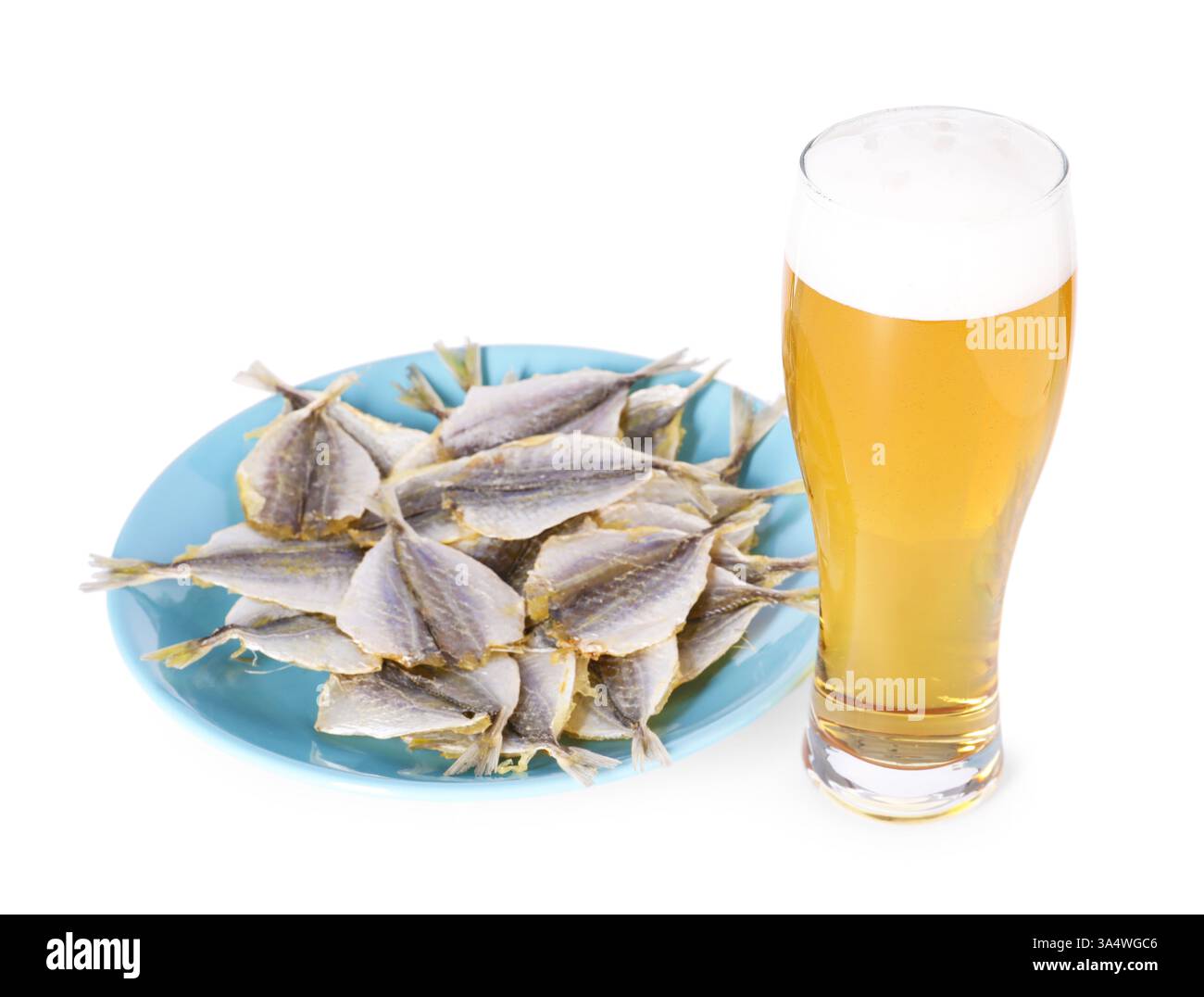 Glass of beer and dried fish isolated on white Stock Photo - Alamy