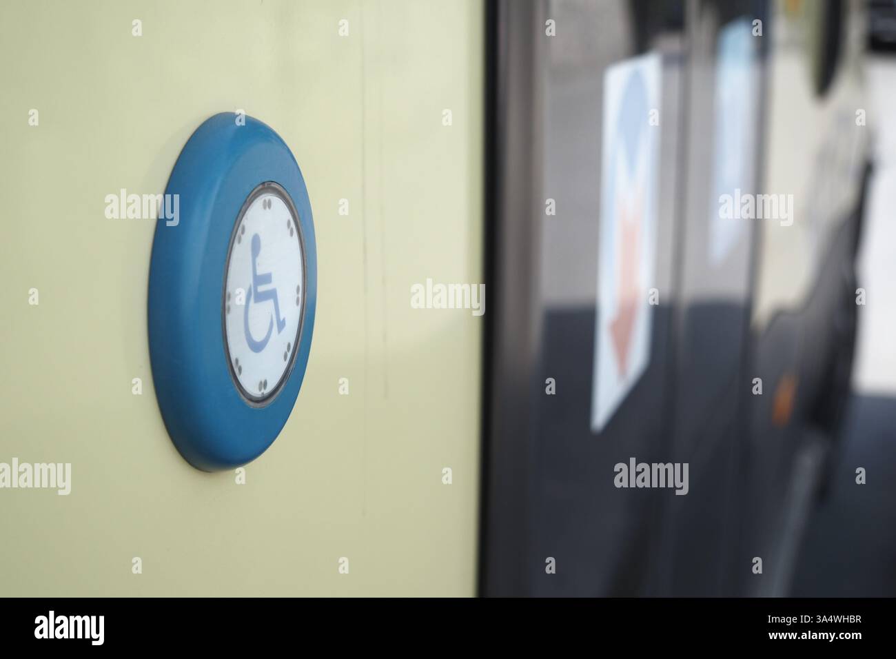 Accessible transportation button on bus for wheelchair users Stock ...