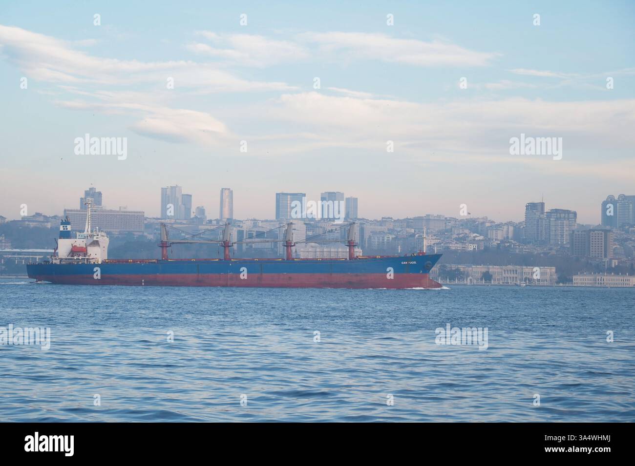 turkey istanbul 12 january 2025 Cargo ship sailing near city skyline ...