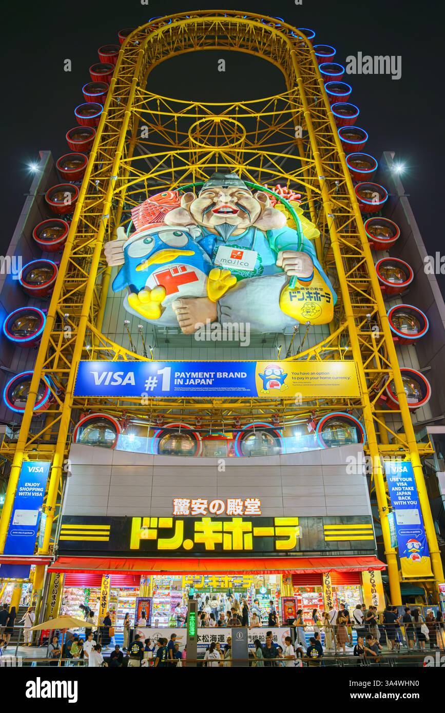 Osaka, Japan - Sep 22 2024, panoramic view from below of Don Quijote ...