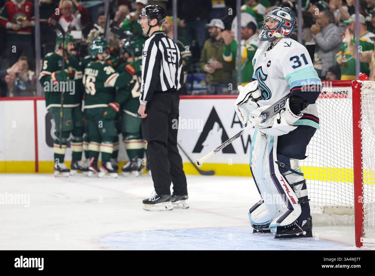 Seattle Kraken goaltender Philipp Grubauer (31) reacts to Minnesota ...