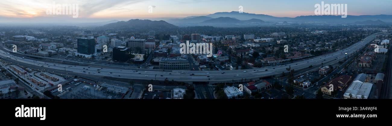 Twilight view of the downtown skyline, interstate 91 Freeway, and urban ...