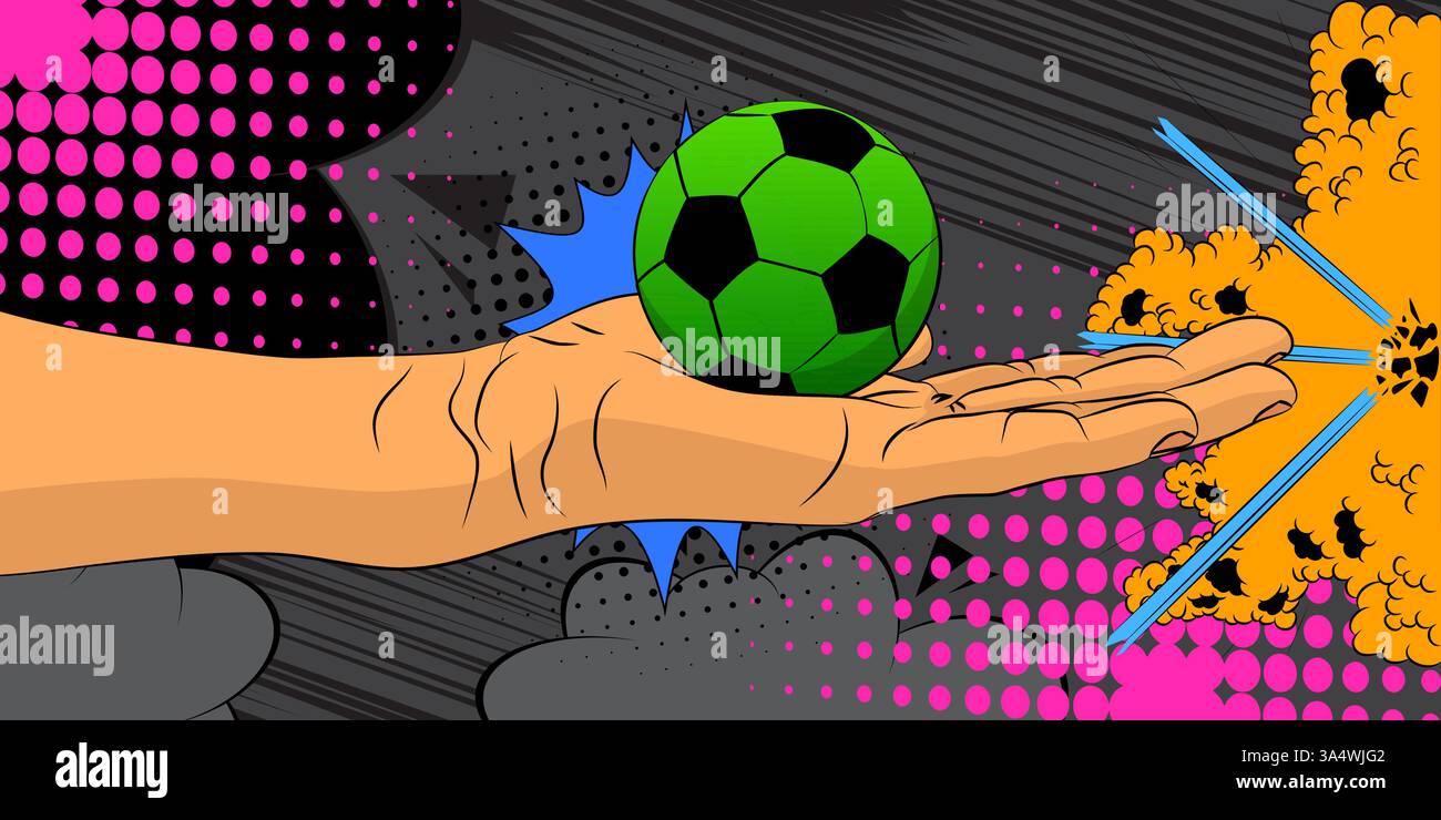 Cartoon, comic book human hands holding Soccer Ball. Retro vector ...