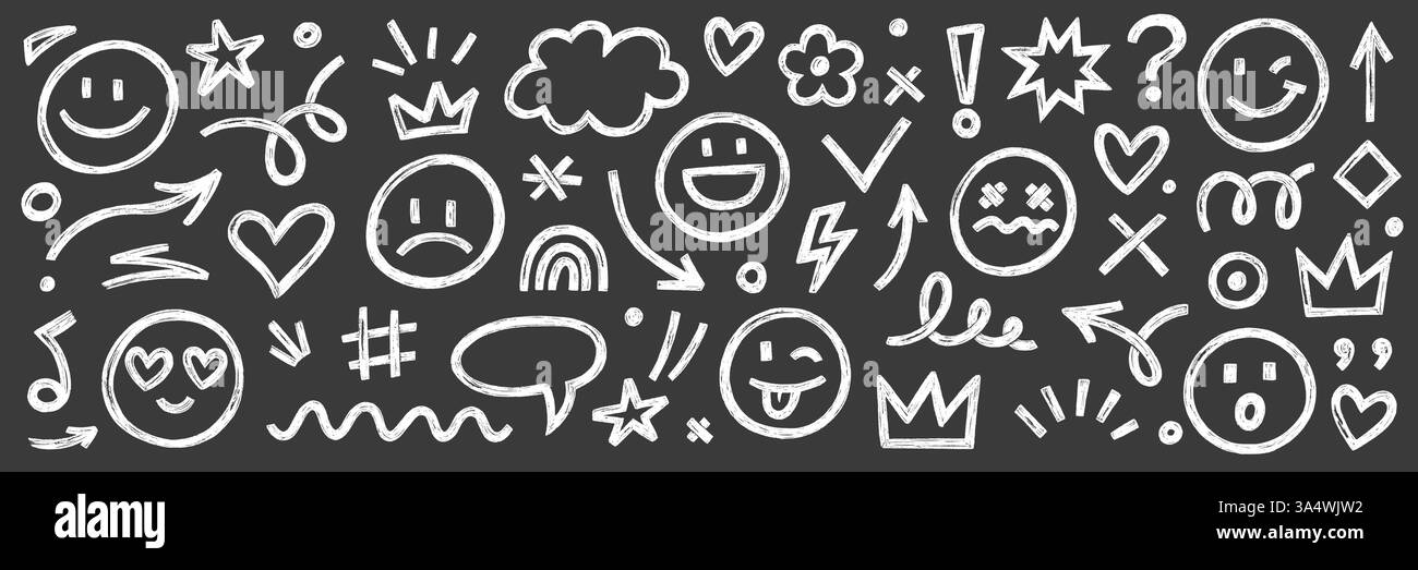 Smile brush hand drawn vector element set. Emoji fun face, heart, crown ...