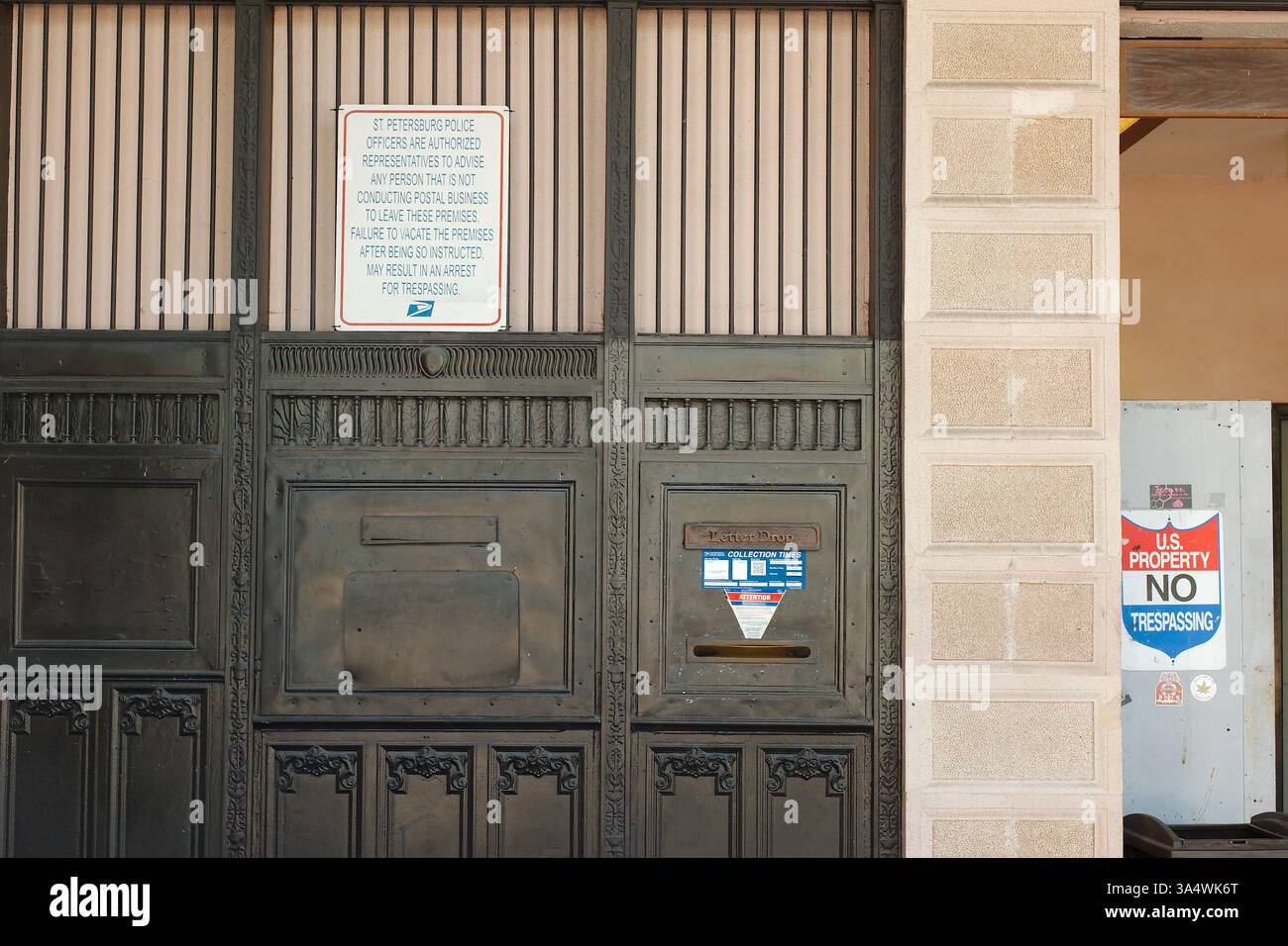 Editorial Use Only March 17, 2025 St. Petersburg, FL, USA. Old metal mail drop off slot bin. The ...