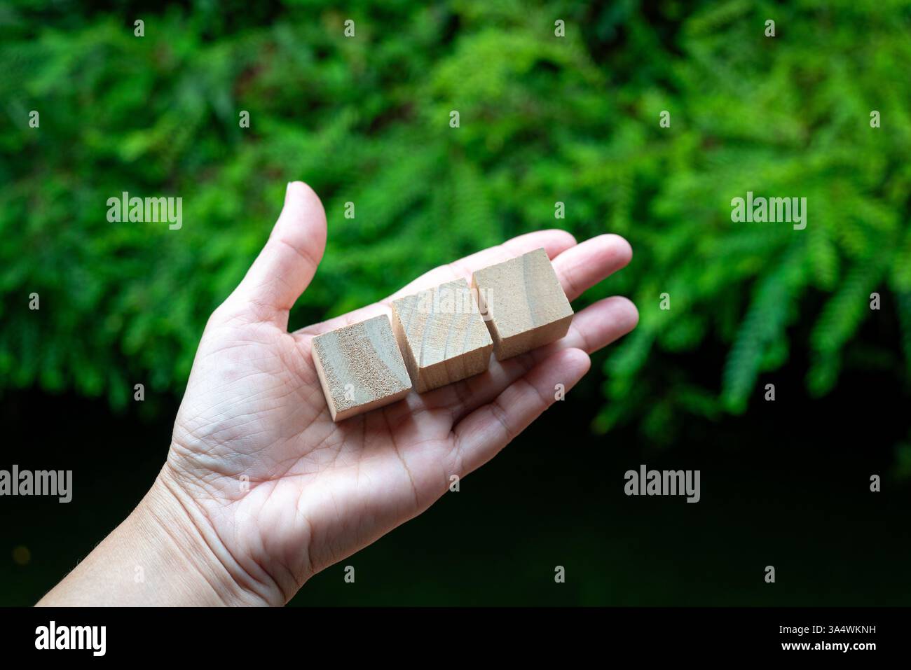 Three wooden blocks on the palm of a hand. Green nature background ...