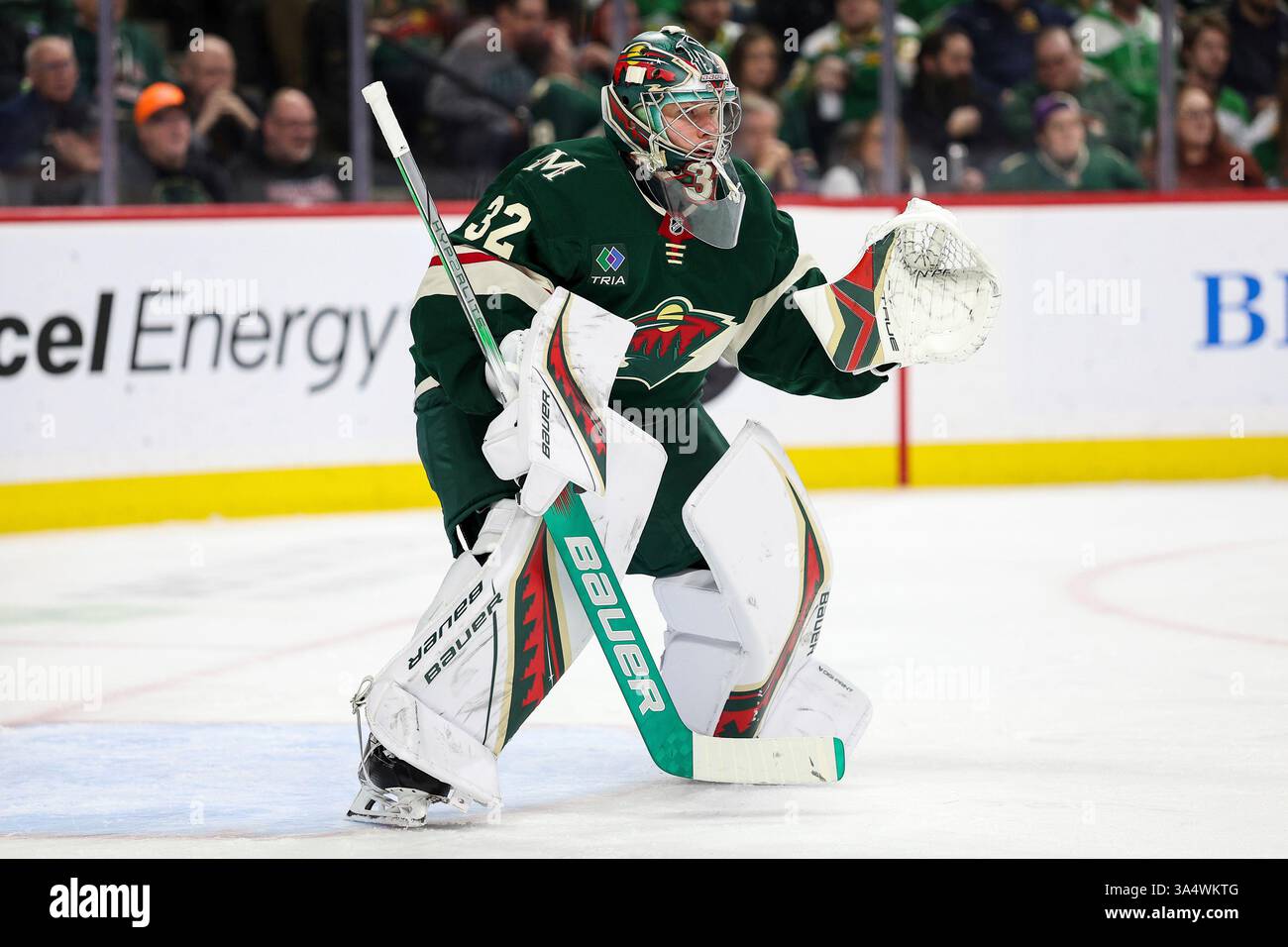 Minnesota Wild goaltender Filip Gustavsson (32) defends his net against ...