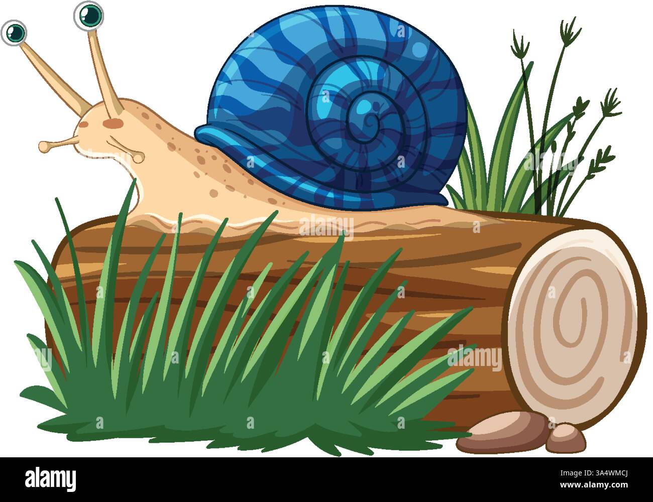 Vector illustration of a vibrant snail on a log surrounded by grass ...