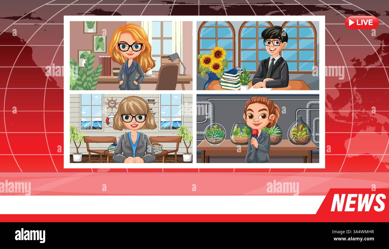 Vector illustration of a diverse newsroom with animated characters, vibrant colors, and a global ...