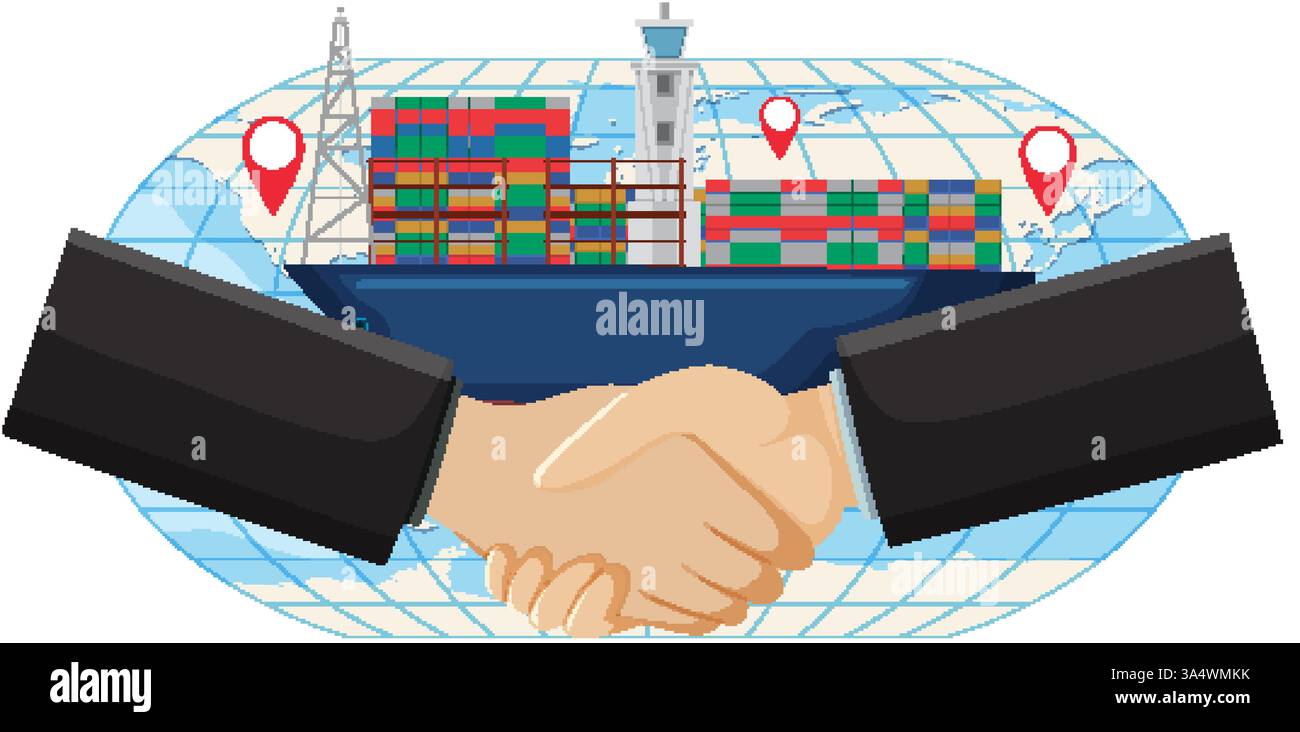 Handshake over cargo ship on world map Stock Vector Image & Art - Alamy