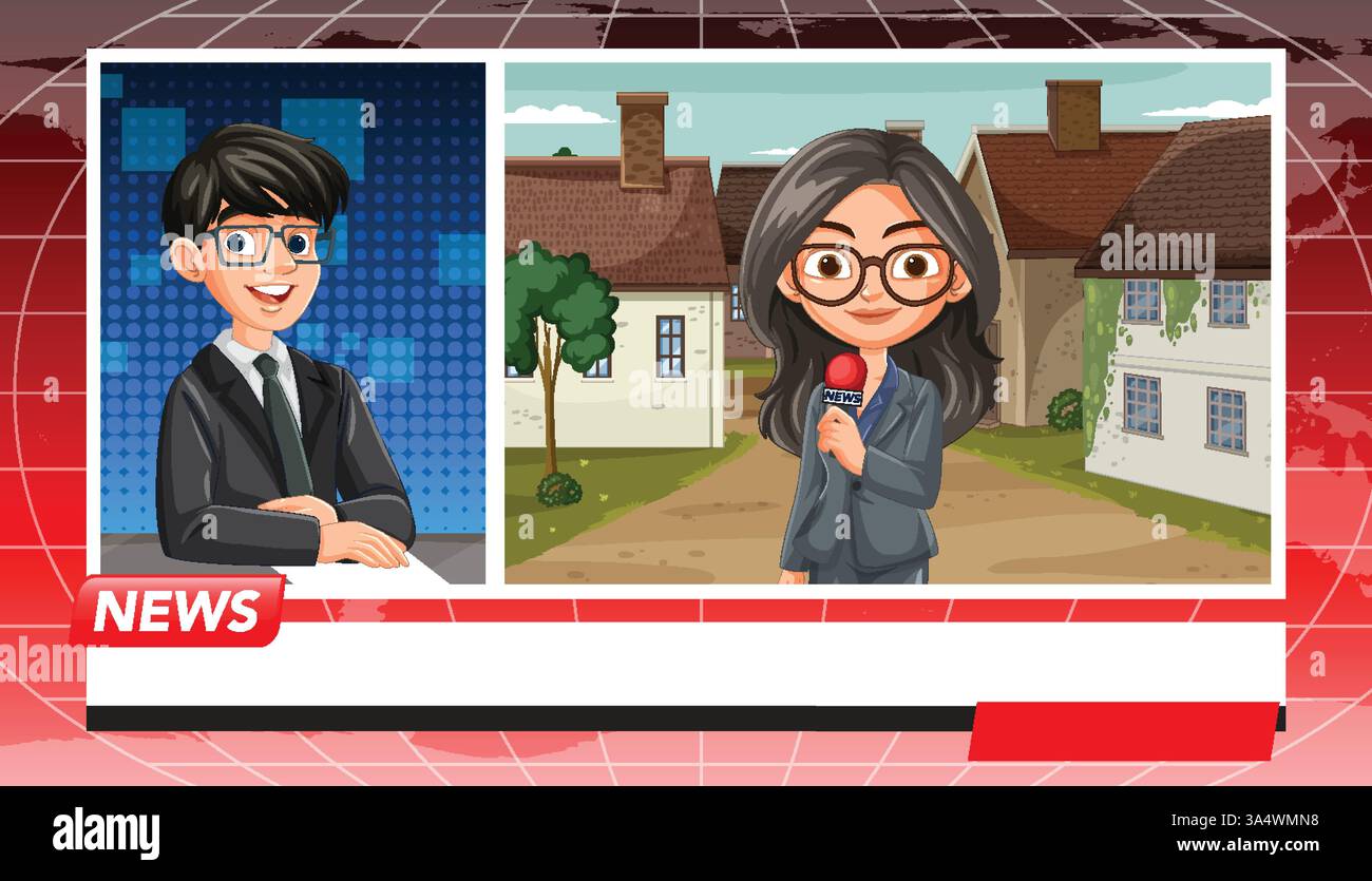 Vector illustration of a news broadcast featuring an anchor and ...
