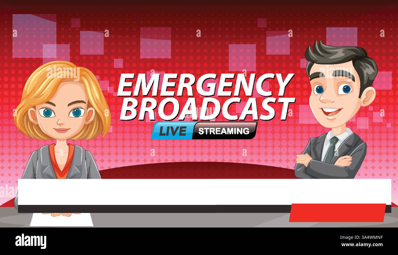 Colorful vector illustration of animated news anchors with a red ...