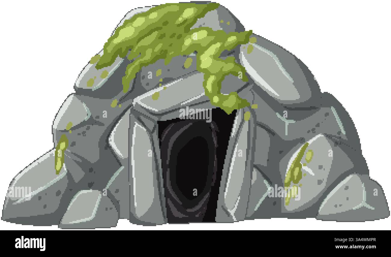 Vector illustration of a stone cave entrance with moss, featuring a ...