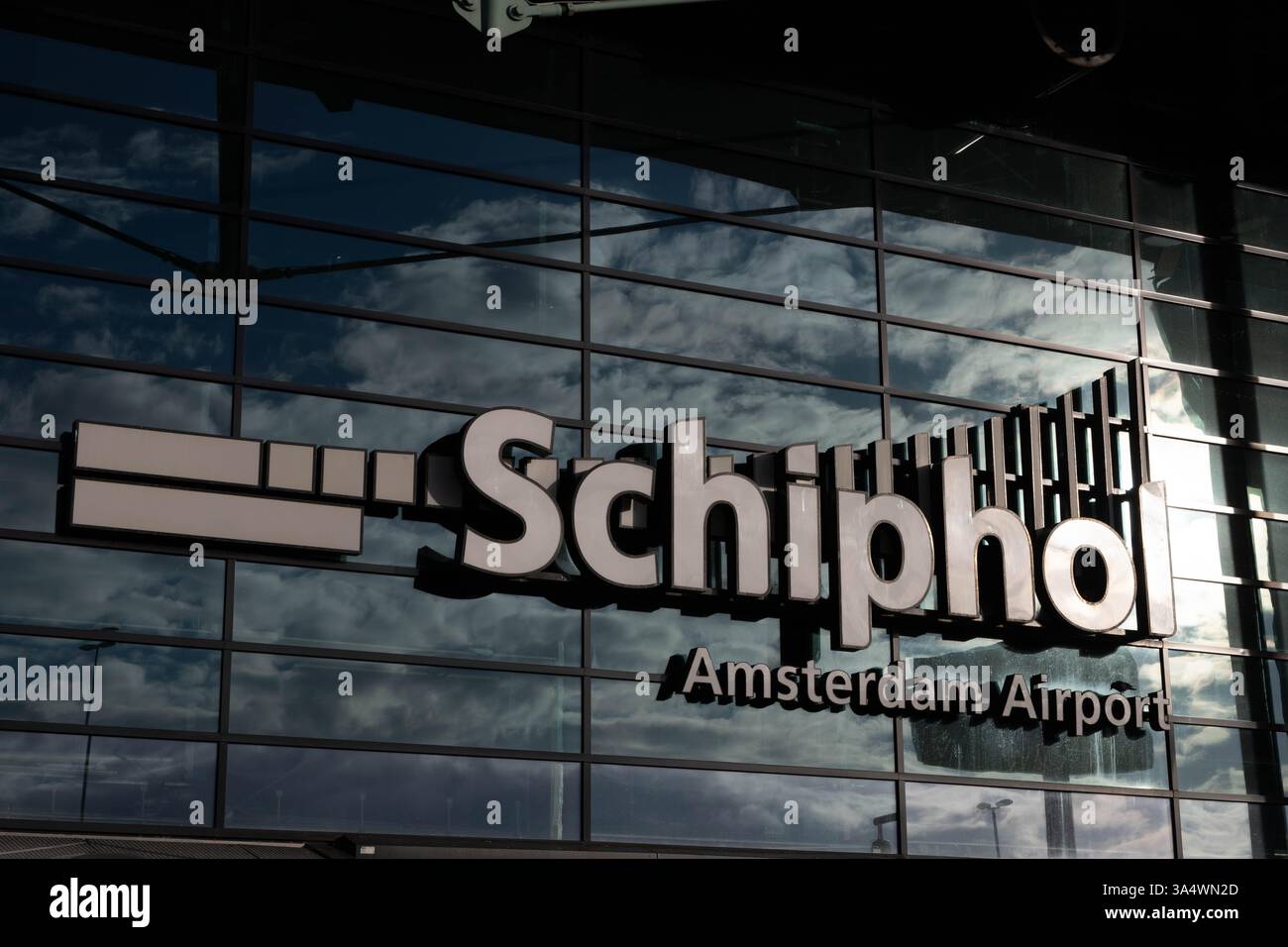 Schiphol Amsterdam airport logo at the main entrance of the airport ...