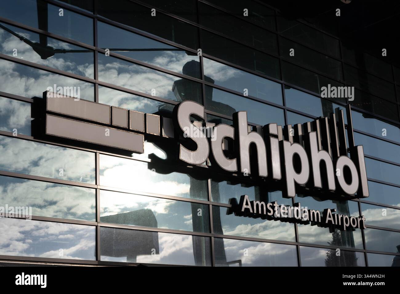 Schiphol Amsterdam airport logo at the main entrance of the airport ...