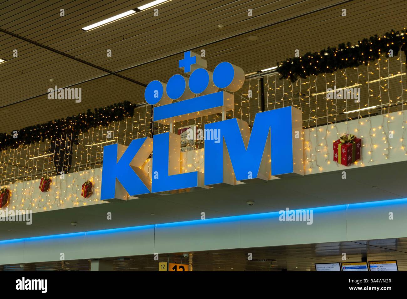 KLM logo sign. Koninklijke Luchtvaart Maatschappij is the national ...