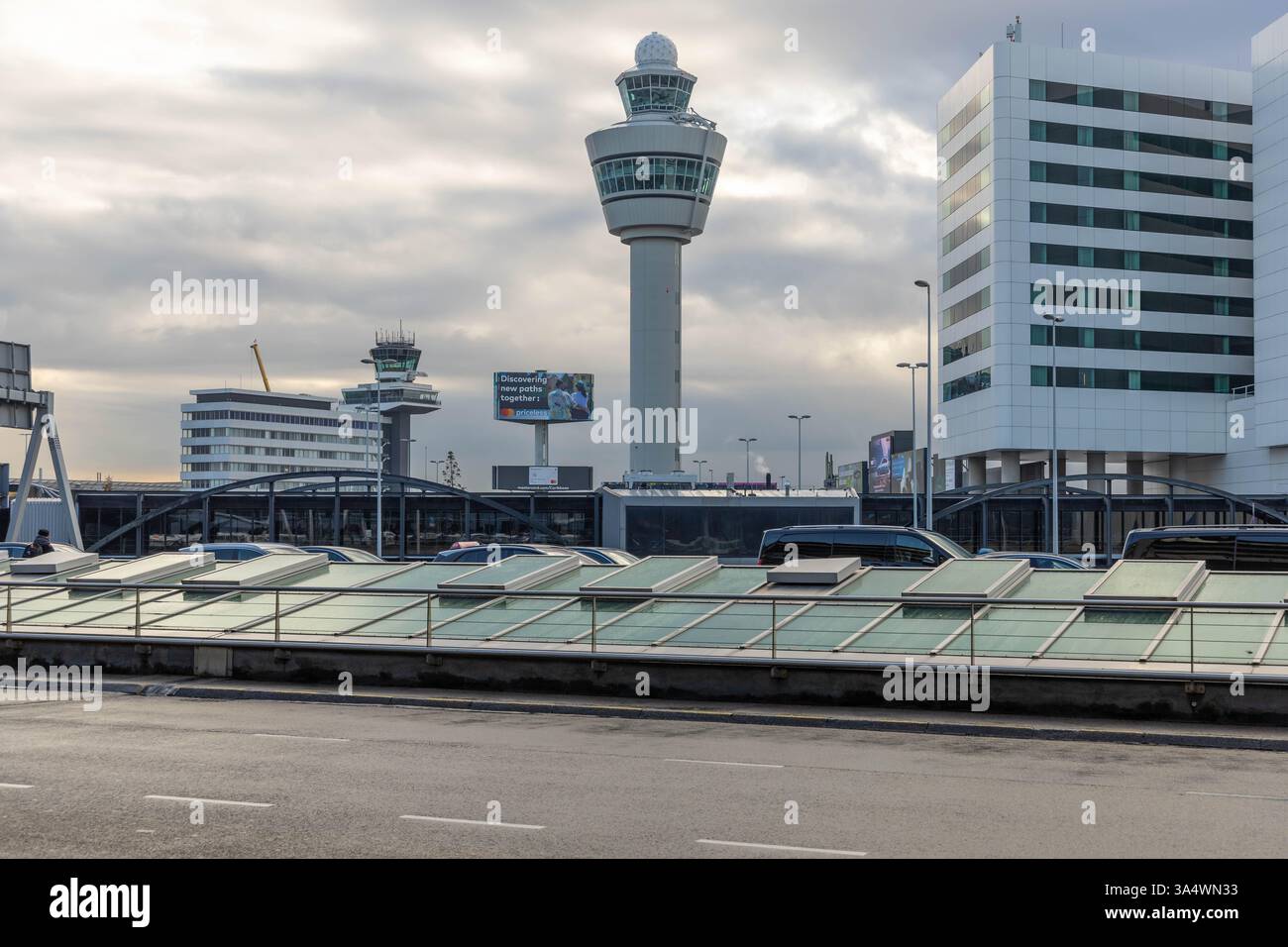 Schiphol airport air traffic control tower and surrounding buildings on ...