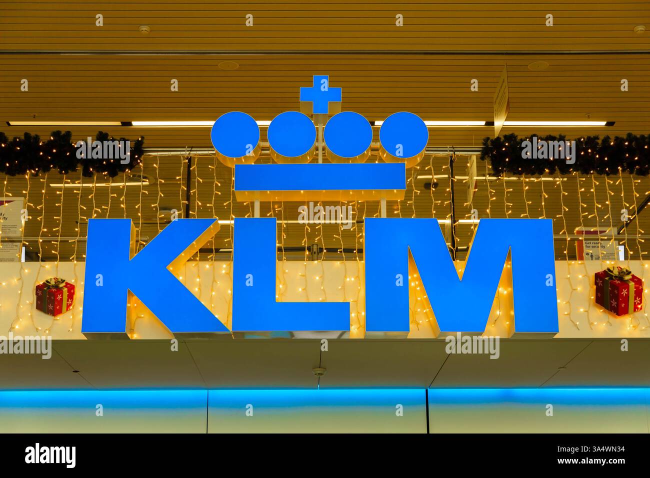 KLM logo sign. Koninklijke Luchtvaart Maatschappij is the national ...