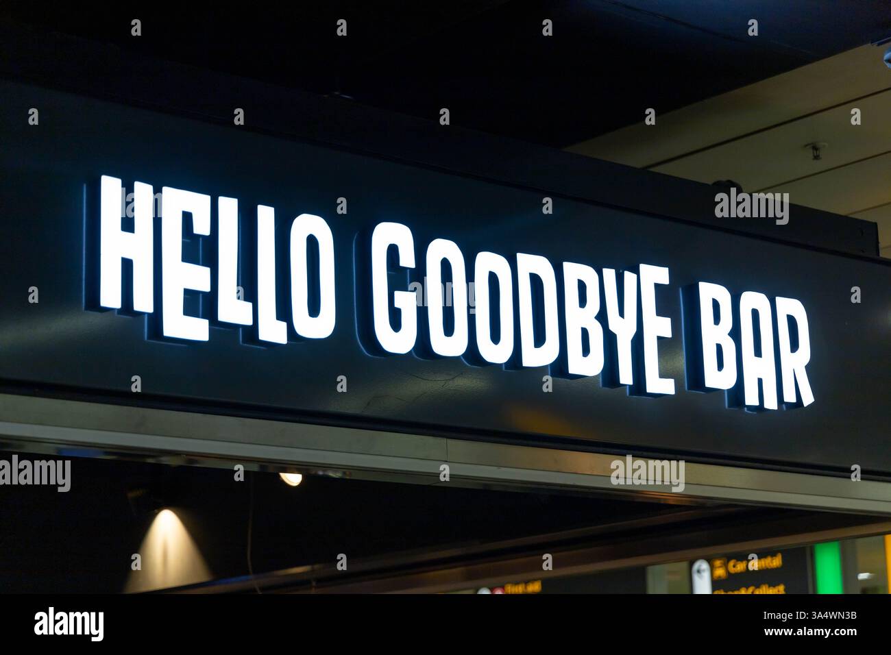 Hello Goodbye Bar Schiphol Amsterdam logo at the bar near arrivals door. One of the busiest ...