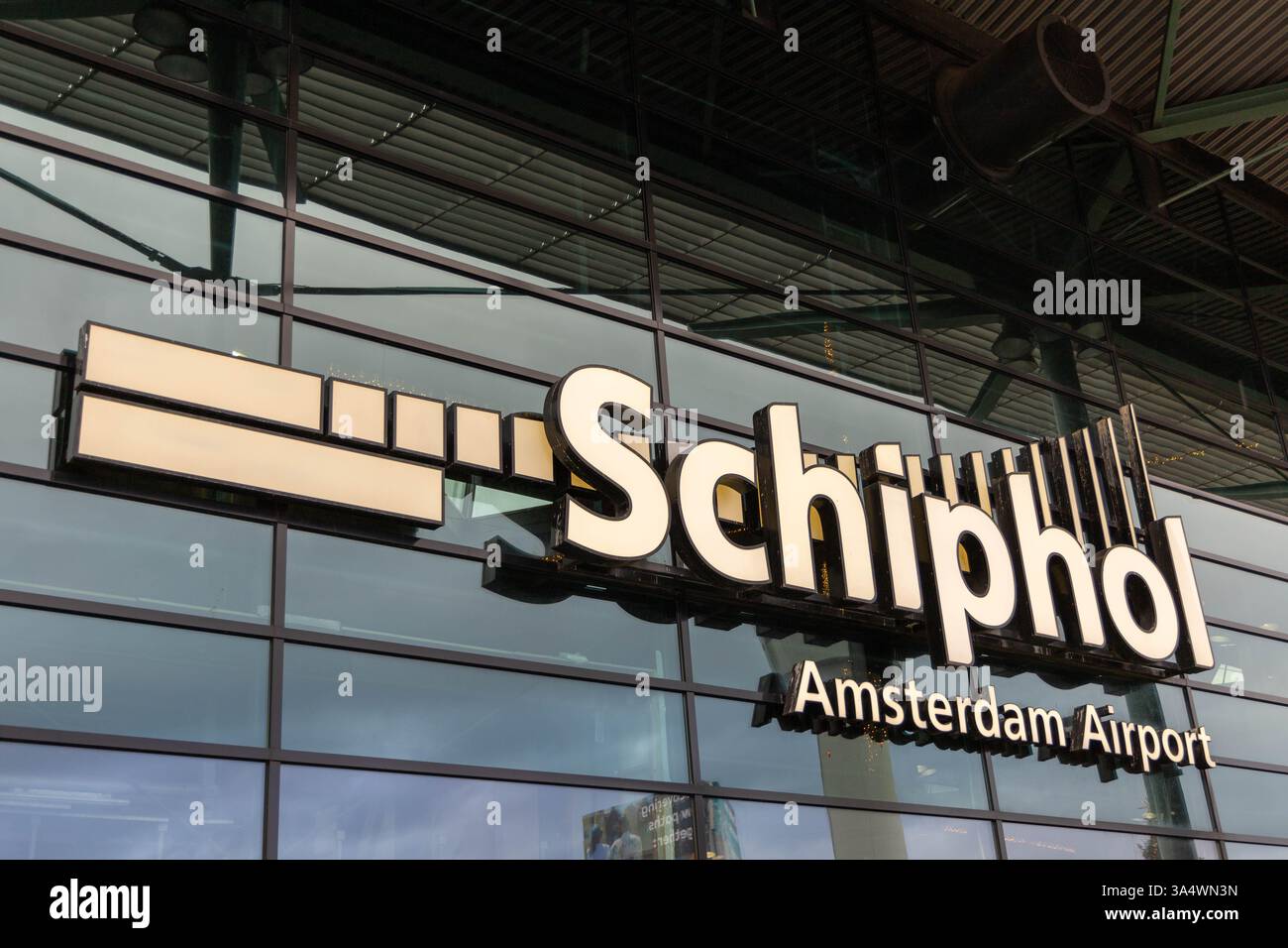 Schiphol Amsterdam airport logo at the main entrance of the airport ...