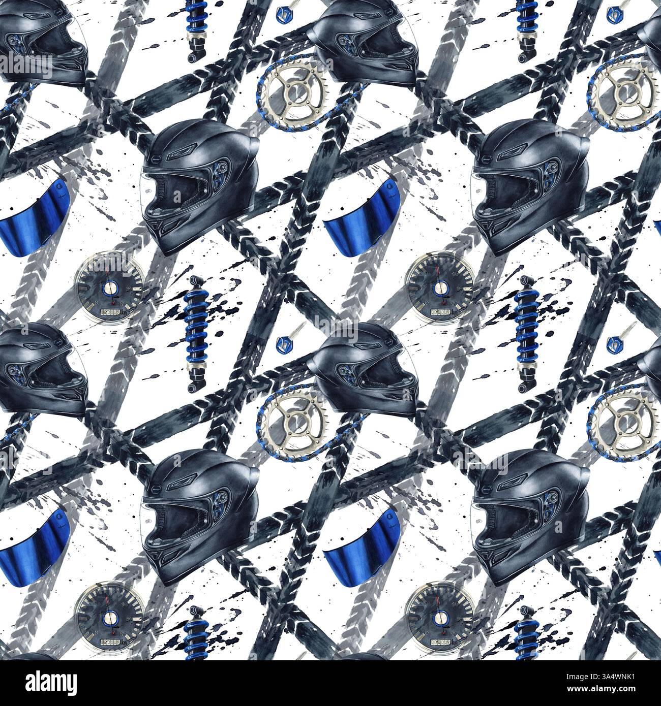 Seamless pattern with helmet, chain, visor and speedometer, absorber ...