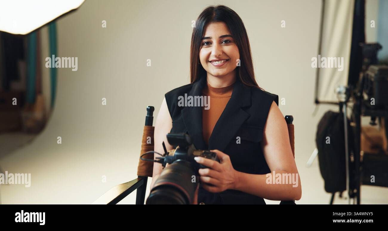 Smile, woman and photographer for portrait in backstage for photoshoot ...
