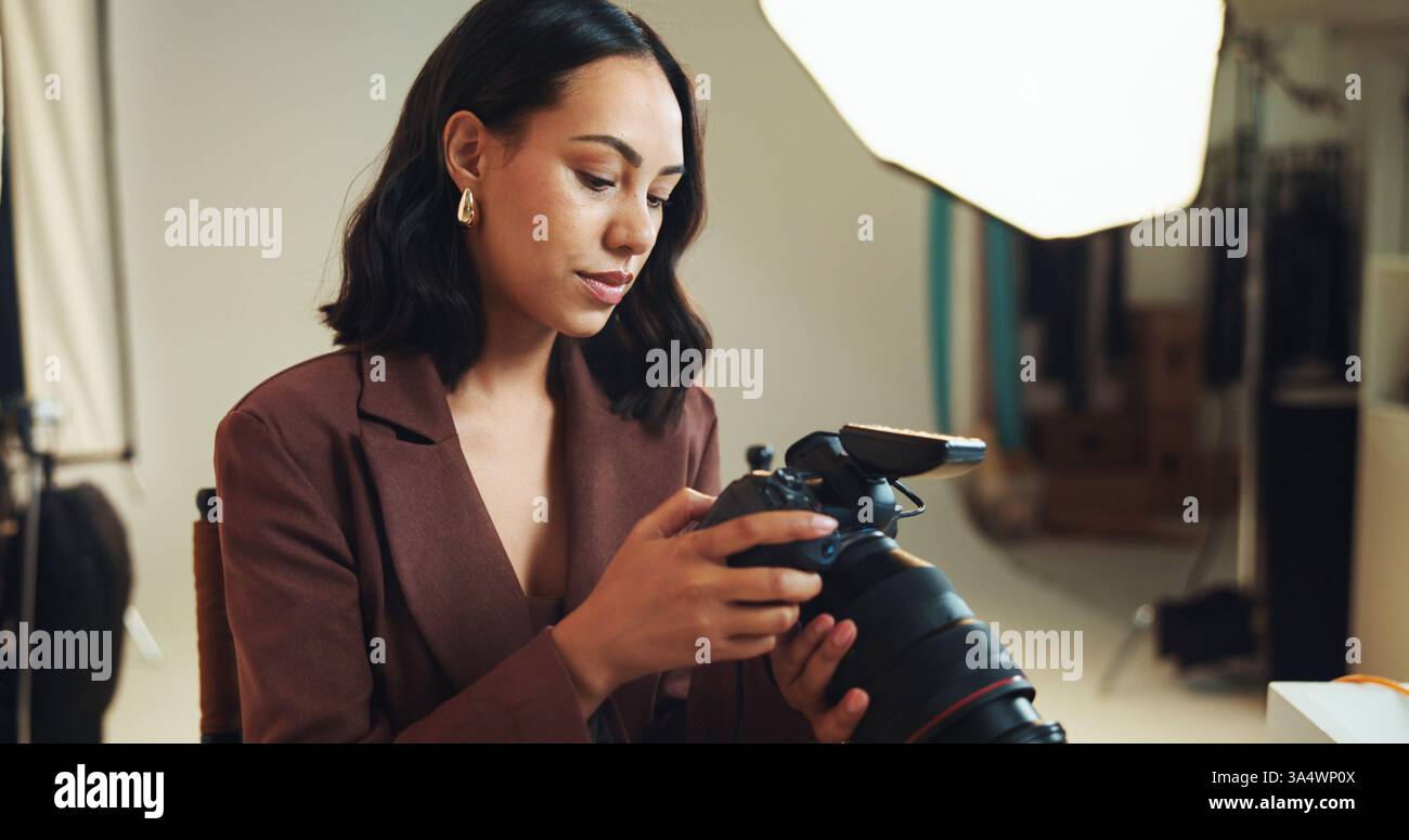 Woman, photographer and check camera in backstage for photoshoot ...