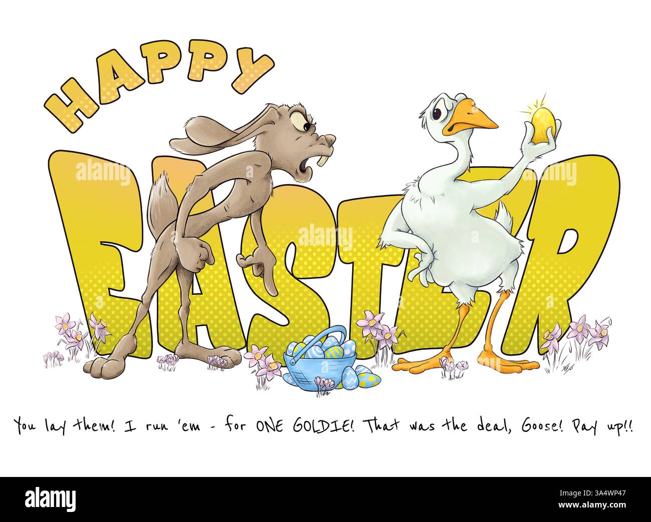 The Easter Deal. A funny colourful cartoon illustration of a bunny ...