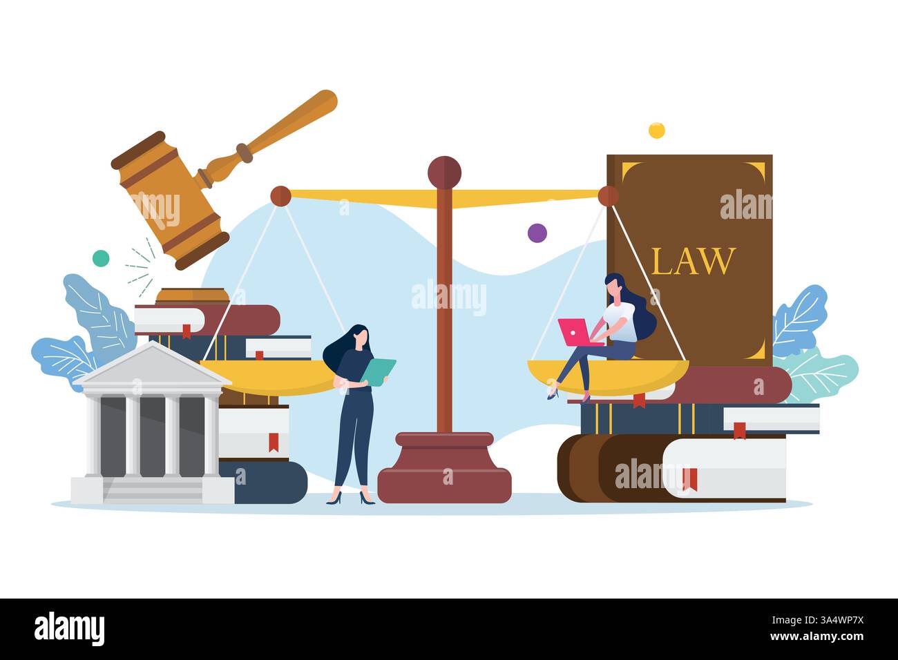 Law and justice class with miniature people. Scales of justice, gavel ...