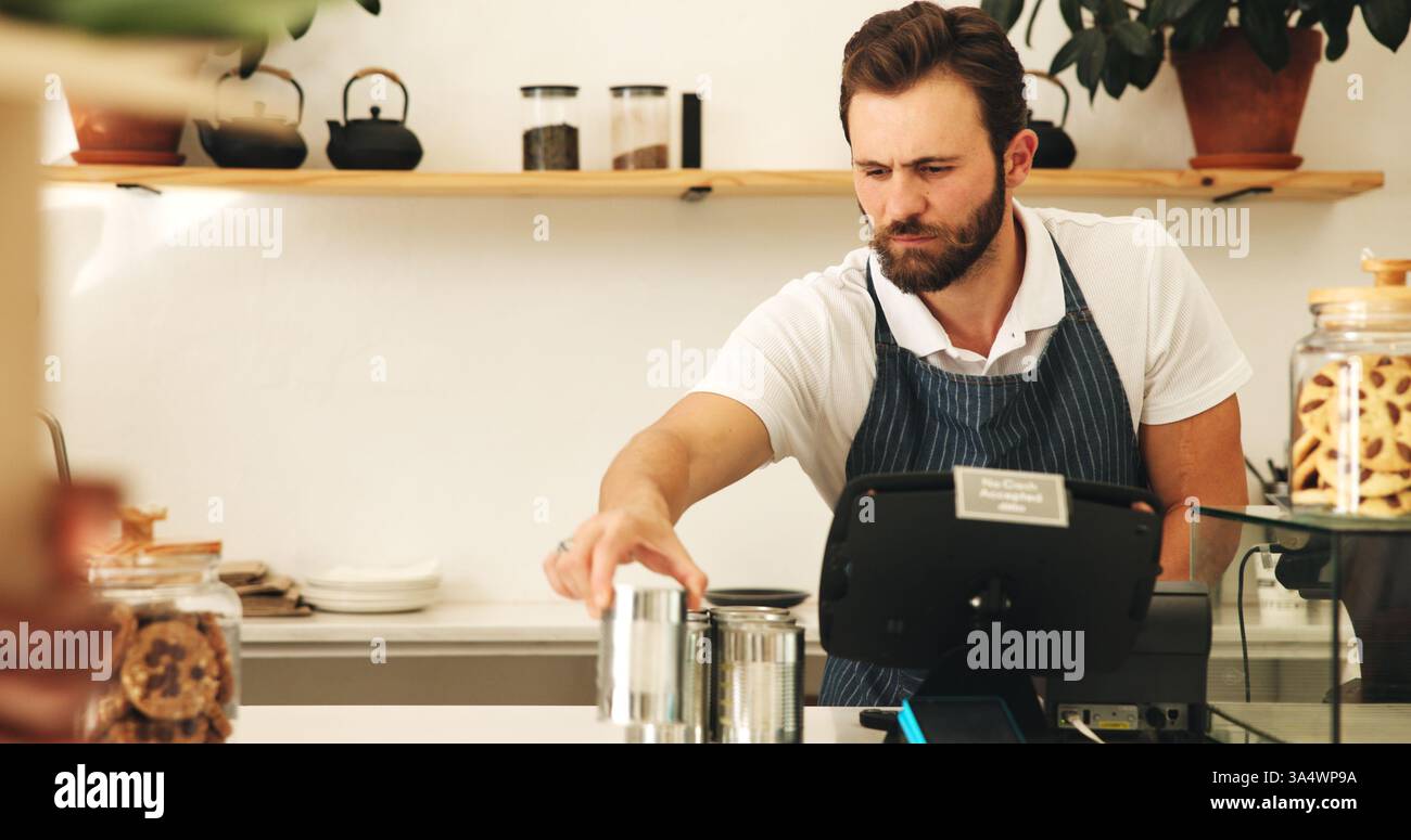 Man, waiter and check food at cafe with stock update, inventory ...