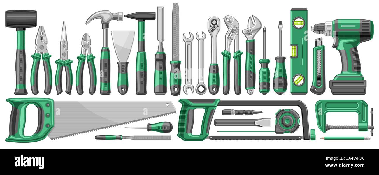 Vector set of Carpenter Tools, horizontal banner with group of cut out ...