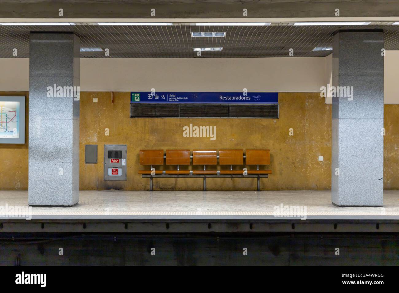 Empty Metro station in Lisbon, the blue line. Name of the subway ...