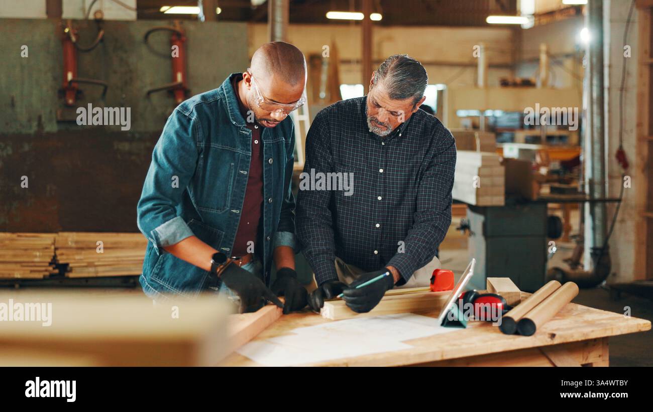 Carpentry, planning and men in workshop for woodwork on furniture ...
