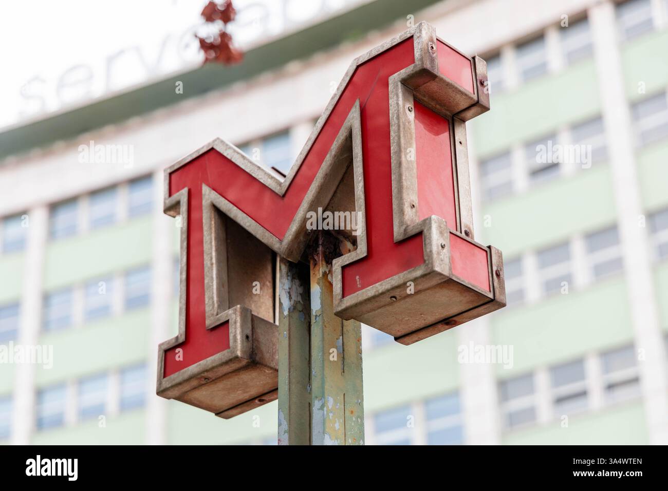 Metro M sign of the Metropolitan subway with facades on the background in Lisbon Portugal Stock ...